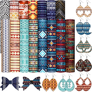 15 Set Serape Faux Leather Sheets Geometry Boho Pattern Faux Leather Patterned Sheets Striped Plaid Printed Leather Fabric for DIY Craft Making Earring Sewing Bags Hair Bows Supplies, 8.3 x 6.3 Inch