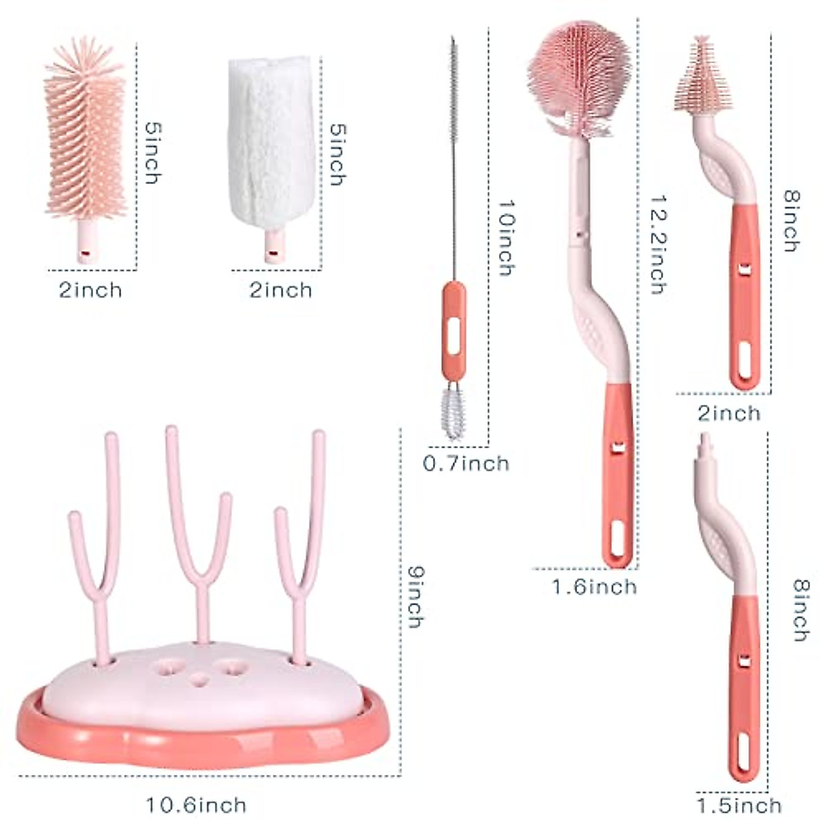 Baby Bottle Brush and Drying Rack, VOOWO Rotating Silicone Bottle Brush with Long Handle, Bottle Drying Rack with Bottle Cleaner Brush & Nipple & Straw Cleaner (Pink Rotating Brush & Drying Rack)