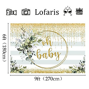 Lofaris Oh Baby Backdrop Baby Shower Green Leaves Gold Ring Golden Glitter Stripes Photography Background for Boy Girl Baby Shower Gender Neutral Newborn Party Decoration Banner Photo Booth Prop 9x6ft