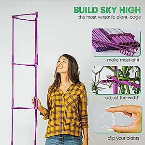 Large Tomato Cages for Garden - 48 Inches, 3-Pack Multifunctional Purple Tomato Plant Support for Vine, Vegetables, Fruits & Flowers with Adjustable Stake Arms - Non-Rusting with 20pcs Plant Clips