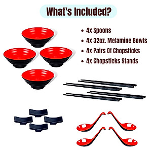 IKIGAI, Ramen Bowl with Chopsticks and Spoon Set of 4 (20 pcs) - 32 and 42OZ Large Melamine Noodle Soup Bowl Set -Pho Bowls and Spoons Set For Ramen, Pho & Soup (32 OZ)