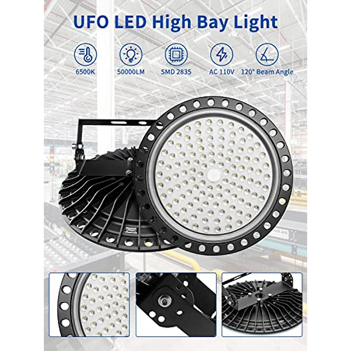 wowspeed LED High Bay Light,500W 50000LM UFO LED High Bay Light,6500K Daylight LED Shop Light, IP65 Waterproof LED Commercial Warehouse Area Light,LED Garage Light for Garage Gym Factory Warehouse