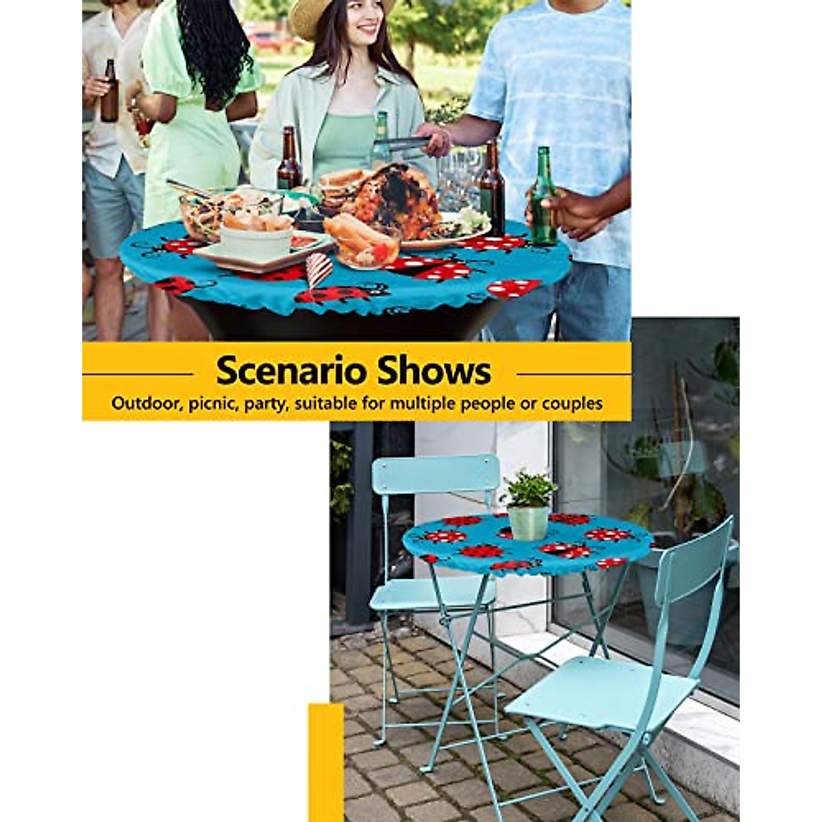 Elastic Fitted Tablecloth Waterproof Table Cloth Cute Ladybug Red Black Carapace Insect Dense Animal Blue Wipeable Round Table Cover for Outdoor Picnic Camping Party