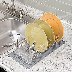 mDesign Steel Sink Dish Drying Rack/Dish Drainer Storage Organizer w/Wire Drainer, Drying Mat for Kitchen Counter, Easy Drain/Dry Dishes, Plate, Utensil - Concerto Collection, Set of 2 - Satin/Gray