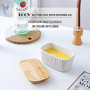 KOOV Porcelain Large Butter Dish with Lid for Countertop, Airtight Butter Container with Oak Lid, Butter Crock, Perfect for 2 Sticks of Butter, Irregular Striped Series (White)