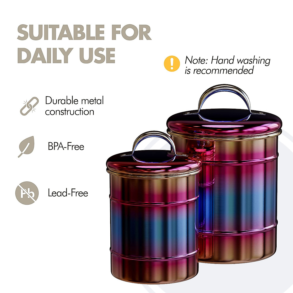 Amici Home Rainbow Metal Storage Canister | Set of 2 | Airtight Lid | 38 & 64 Ounce Capacity | Modern Home Décor | Decorative Metal Canisters for Kitchen Countertop