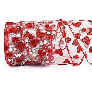 Valentine's Day Ribbons for Wreath Bows Wrapping Gifts, Organdy Heart Ribbons for Valentine's Day Wedding Decoration DIY Crafts, 2.48" X 10 Yards Wired Edge Burlap Ribbon