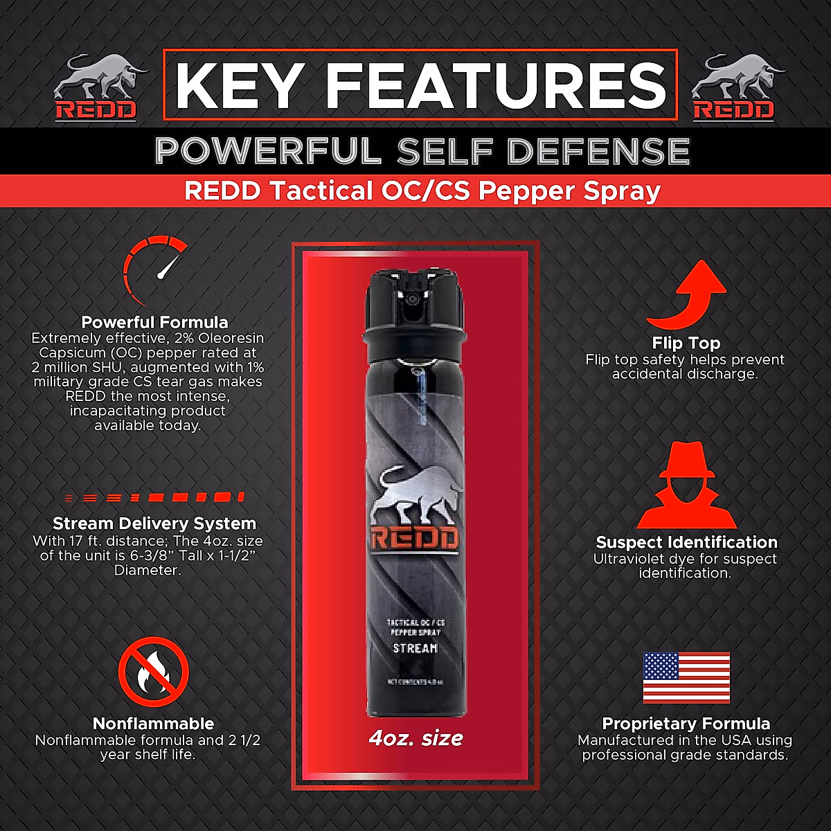NW Self Defense Products Redd, Tactical OC/CS Pepper Spray - Flip Top Stream (4 oz)