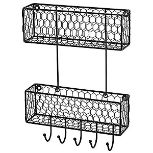 MyGift Wall Mounted Black Chicken Wire Metal Key and Mail Holder Organizer with 4 Hooks, Entryway Hanging Storage Baskets