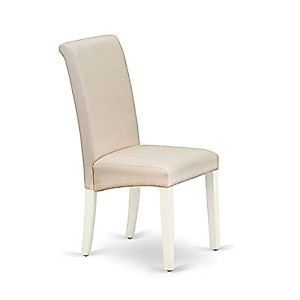 East West Furniture DLBA3-WHI-01 3 Piece Modern Dining Table Set Contains a Round Wooden Table with Dropleaf and 2 Cream Linen Fabric Upholstered Parson Chairs, 42x42 Inch, Linen White