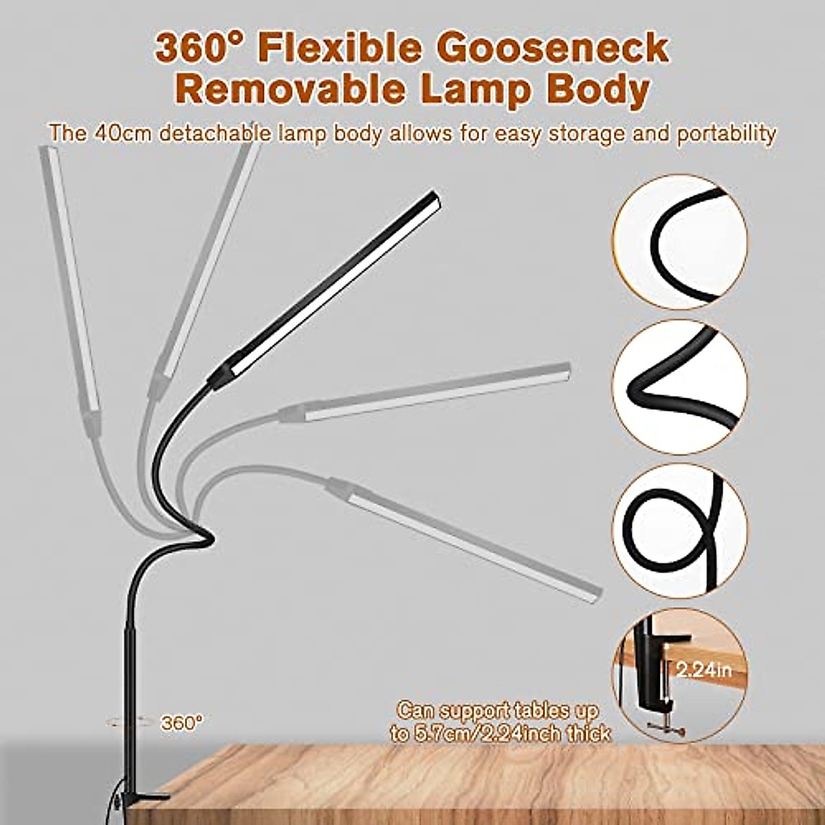 Aedcbaide Desk Lamp for Home Office 108PCS LED Desk Lamp 40CM Head Flexible Gooseneck Desk Light, Eye-Caring Touch Control, 3 Color Modes Stepless Dimmable Brightness Clamp Lamp for Reading Study