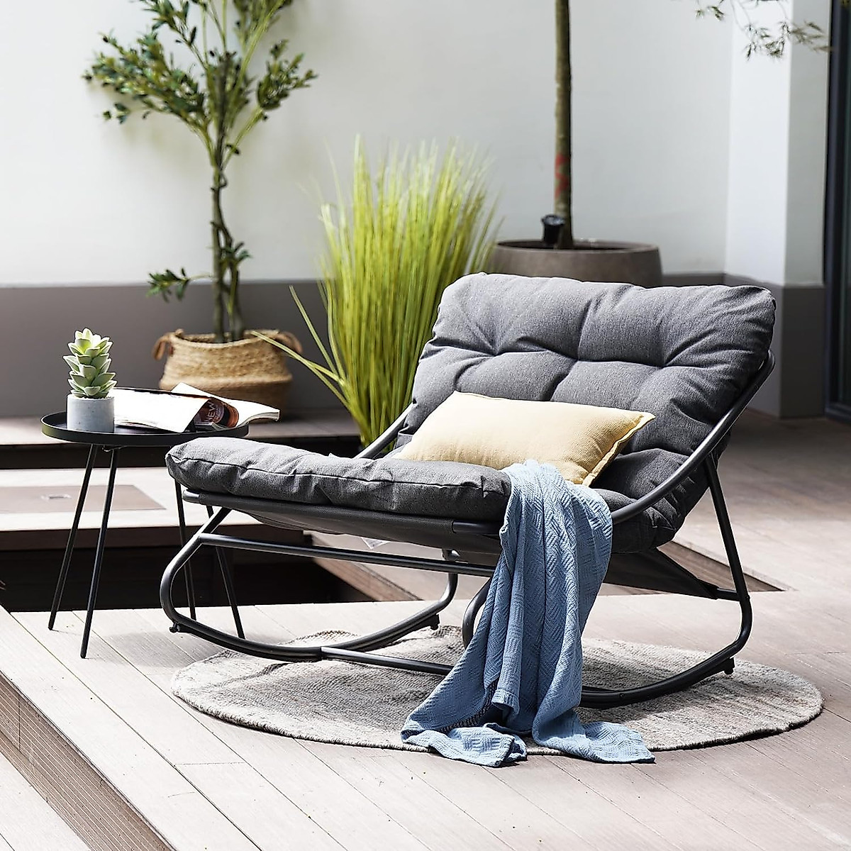 Grand patio Rocking Chair Indoor and Outdoor, Metal Patio Lounge Rocking Chair with Thick Cushion, Comfy Modern Rocker for Living Room Porch Backyard