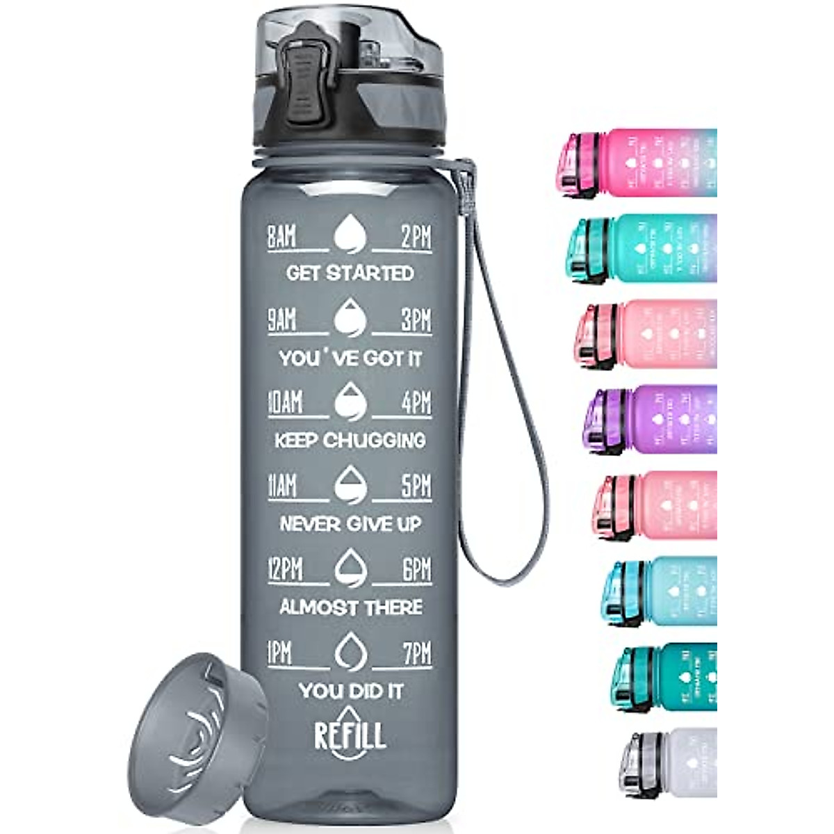 Geritto Motivational Water Bottle with Time Marker, 26/32 Oz BPA Free Water Bottles with Fruit Strainer, Wide Mouth and Fast Water Flow Motivational Water Bottle, Leak-Proof Water Bottle with Strap