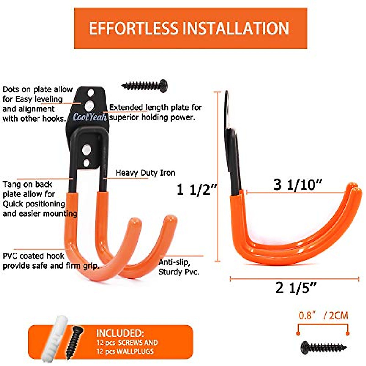 CoolYeah Steel Garage Storage Utility Double Hooks, Heavy Duty for Organizing Power Tools,Large J Hooks (Pack of 6, 5.5 × 3.1 × 4.2 inches)