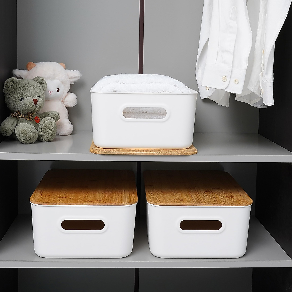 Citylife 2 PCS Storage Bins with Bamboo Lids Plastic Storage Containers for Organizing Stackable Storage Box with Handle, 15.16 x 10.79 x 5.83 inch