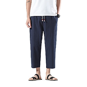 PRIJOUHE Mens Harem Pants Casual Lightweight Loose Fit Capri Pants Linen Beach Pants with Elastic Waistband