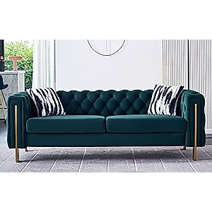 Akrenar Modern Sofa Couches for Living Room, 84 Inches Velvet Button Tufted Couch Upholstered Sofa with 2 Pillows and Metal Legs Decor Furniture for Bedroom, Office (Green)