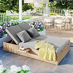 WILLIAMSPACE Outdoor Double Chaise Lounge Sunbed Patio Daybed with Adjustable Backrest & Cushions, Wicker Rattan Patio Reclining Daybed with Foldable Cup Trays for Lawn, Poolside (Brown)