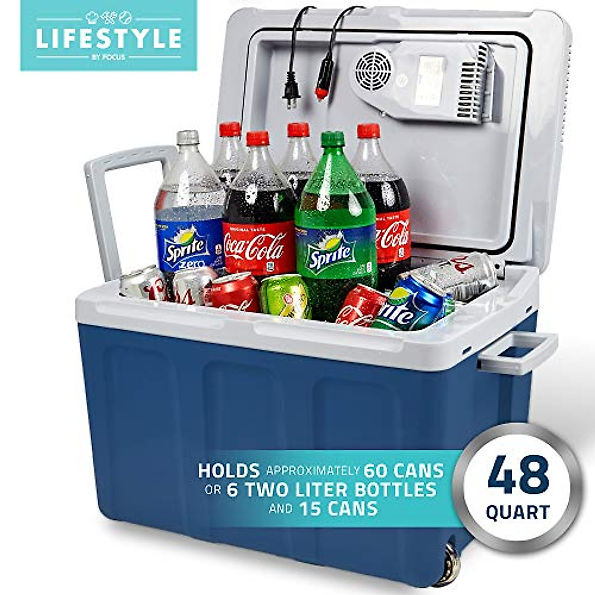 Lifestyle by Focus Electric Travel Cooler/Warmer Portable Camping Cooler Hard Cooler Ice Chest Roller Wheeled Cooler for Car, Home, Beach, Fishing, Camping, Party (Blue) Large 48 Quart, Holds 60 cans