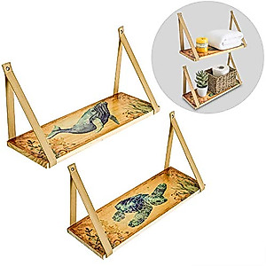 GADNIA Set of 2 Floating Shelves Wall Mounted | Aquatic World Wall Decor Hanging Shelf | Solid Wood Wall Display Shelves for Bathroom, Living Room, Bedroom, Office | Khaki Fabric Wire