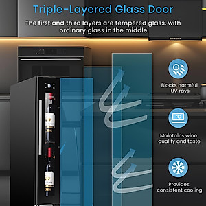 Equator 9 Bottle Wine Refrigerator with 7-Color LED Mood Lighting, Single-Zone, Freestanding/Built-in, Anti-UV Glass Door, 41°F-71.6°F Temperature Range, Touchpad Controls, Auto Defrost, 110V (Black)