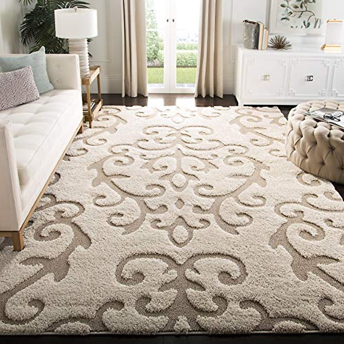SAFAVIEH Florida Shag Collection Area Rug - 8'6" x 12', Cream & Beige, Scroll Design, Non-Shedding & Easy Care, 1.2-inch Thick Ideal for High Traffic Areas in Living Room, Bedroom (SG470-1113)