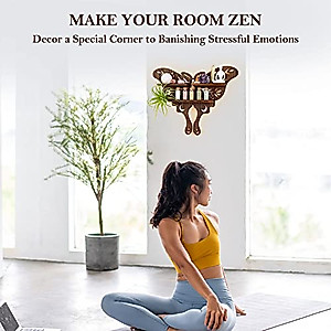 Luna Moth Crystal Shelf Display, Boho Pine Wood Wall Floating Shelves with Light for Gem Stone Essential Oil Storage, Bohemian Wooden Butterfly Hanging Witch Home Rustic Decor Holder for Bedroom Altar