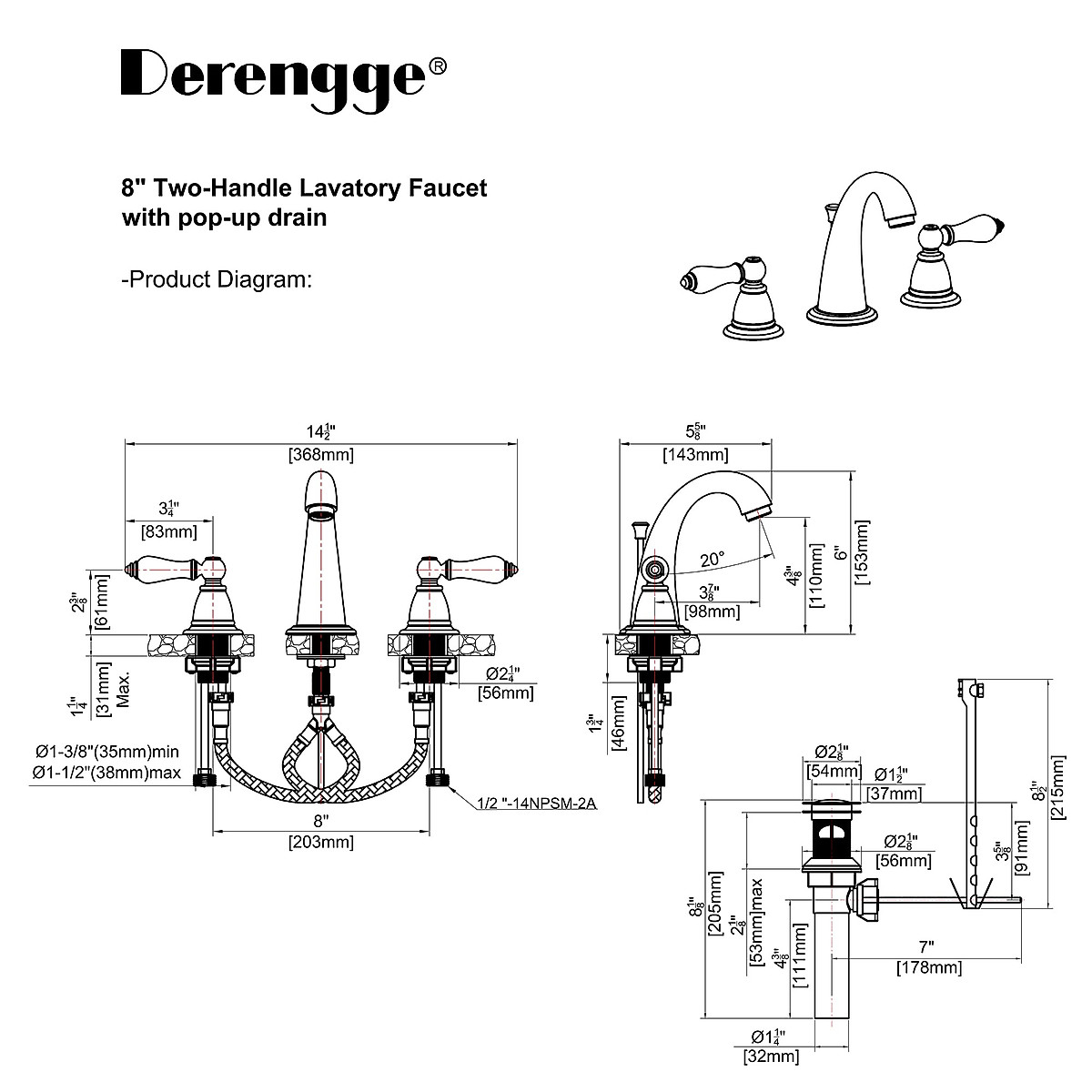 Derengge Oil Rubbe Bronze Widespread Bahtoom Sink Faucet with Drain Assembly,8 Inch Bathroom Faucet 3 Hole Lavatory Faucet,F-9301-ORB