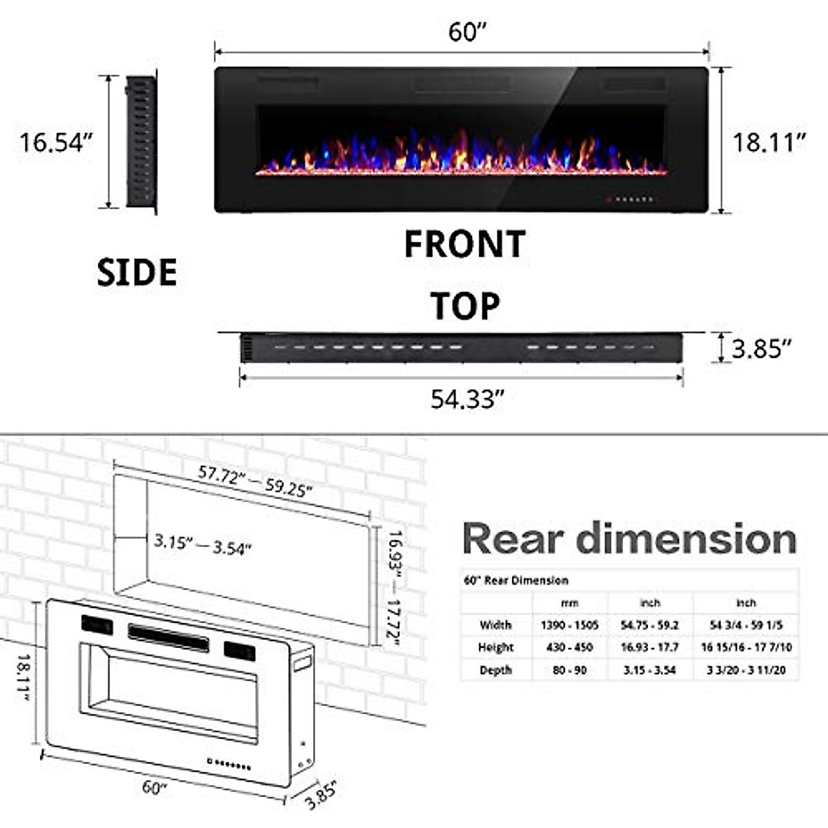 R.W.FLAME 60" Recessed and Wall Mounted Electric Fireplace, Low Noise, Remote Control with Timer,Touch Screen,Adjustable Flame Color and Speed, 750-1500W