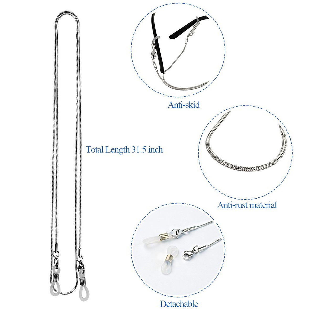 Jmkcoz Stainless Steel Eyeglass Holder Chain 80cm Eyeglass Necklace Chain Silver