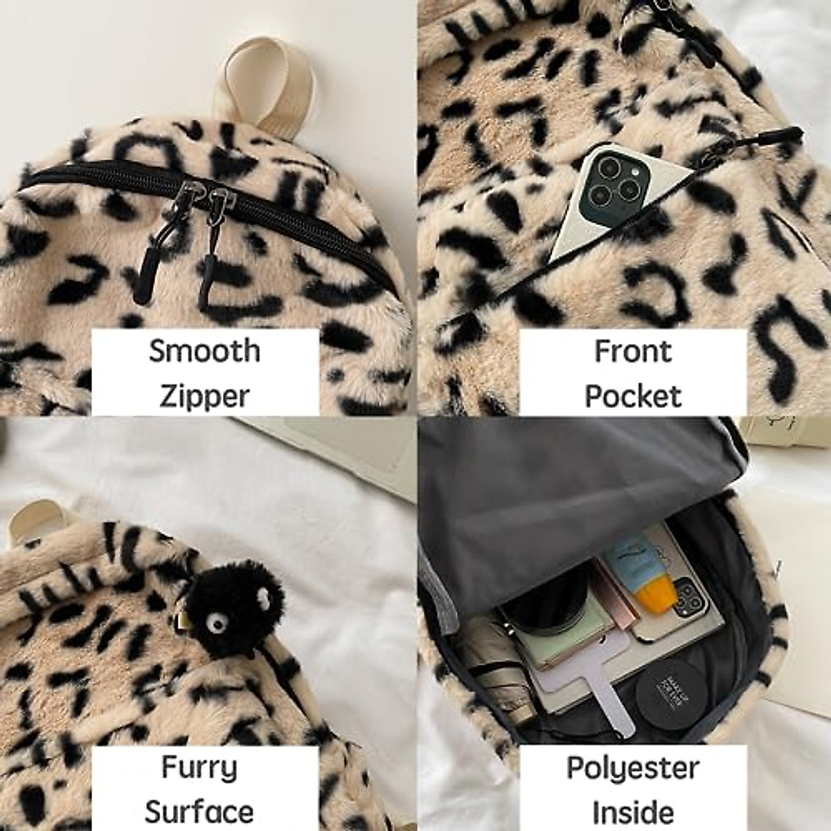 JHTPSLR Leopard Furry Backpack Soft Plush Backpack Fuzzy Backpack Book Bags Trendy Backpack Cute Stylish Winter Casual Daypack (Black)