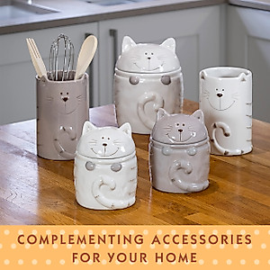 SPOTTED DOG GIFT COMPANY Ceramic Utensil Holder for Kitchen Counter, Utensil Crock for Countertop, Decorative Cat Themed Home Kitchen Decor Accessories, Gifts Cat Lovers, White 4.3" x 6.3"