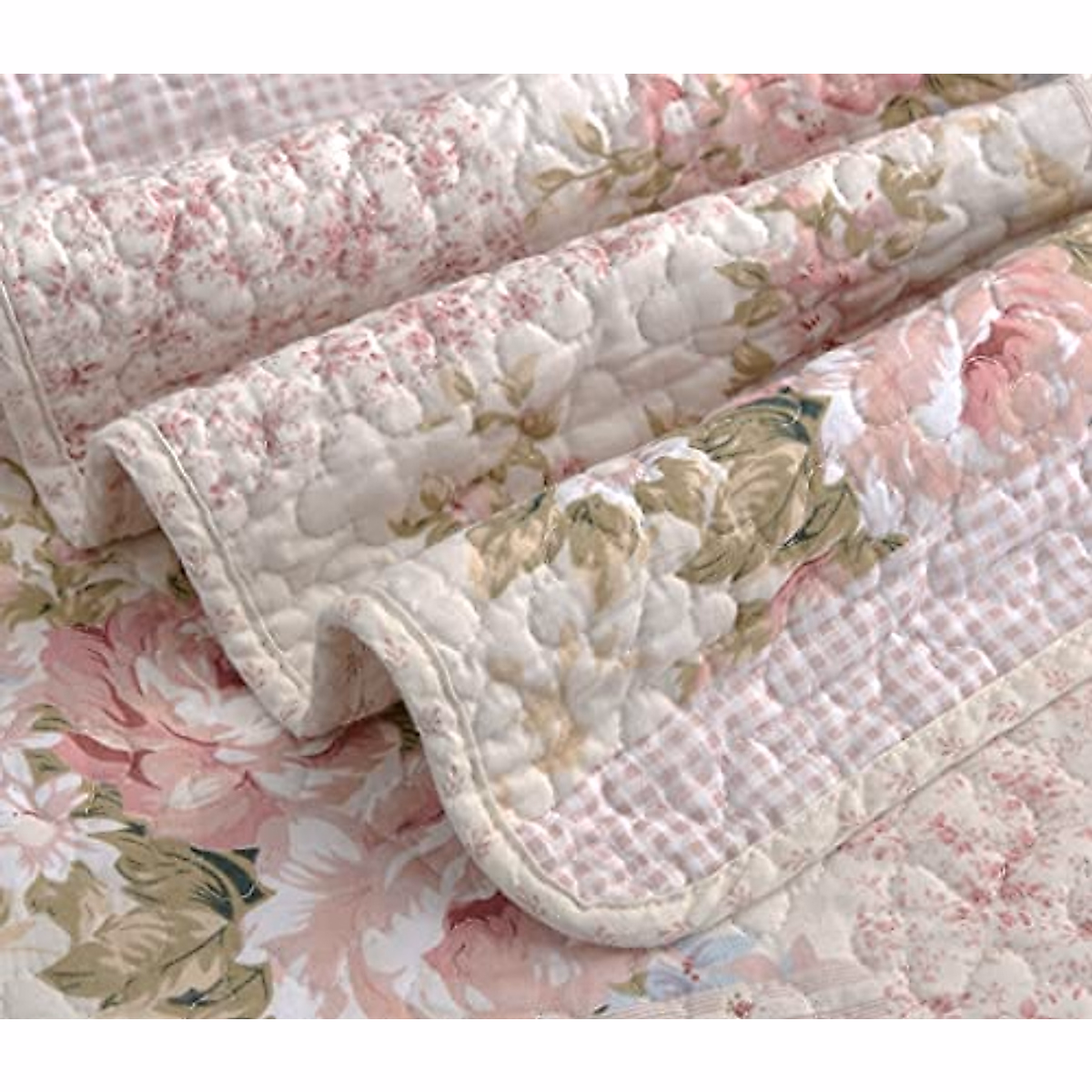 Chezmoi Collection Rosy 3-Piece Printed Patchwork Cotton Quilt Set - Pink Flower Floral Striped Polka Dots - Stone Washed Lightweight Bedspread, Queen Size