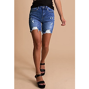 HUUSA Washed Short Jean Pants for Women Casual Spring High Waist Frayed Raw Denim Bermuda Shorts Mid Thigh Destroyed Ripped Jean Shorts with Pockets Dark Blue M