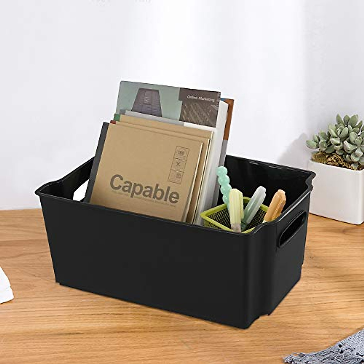 Hommp 4-Pack Black Stackable Plastic Storage Basket/Storage Bin Organizer
