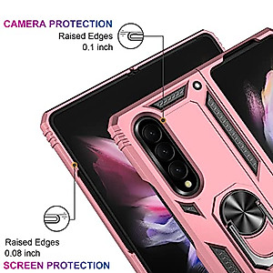 IKAZZ Galaxy Z Fold 3 Case,Samsung Z Fold 3 Cover Military Grade Shockproof Heavy Duty Protective Phone Case Pass 16ft Drop Test with Magnetic Kickstand for Samsung Galaxy Z Fold 3 Rose Gold