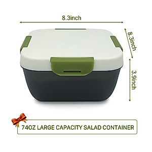 Rassody 74 OZ Salad Container To Go for Lunch with Ice Pack, Dressing Cup and 4 Compartments for Salads Toppings, Snacks, Fruits, Built-In Fork, Large Mixing Bowl, Leak-Proof, Reusable and BPA-Free