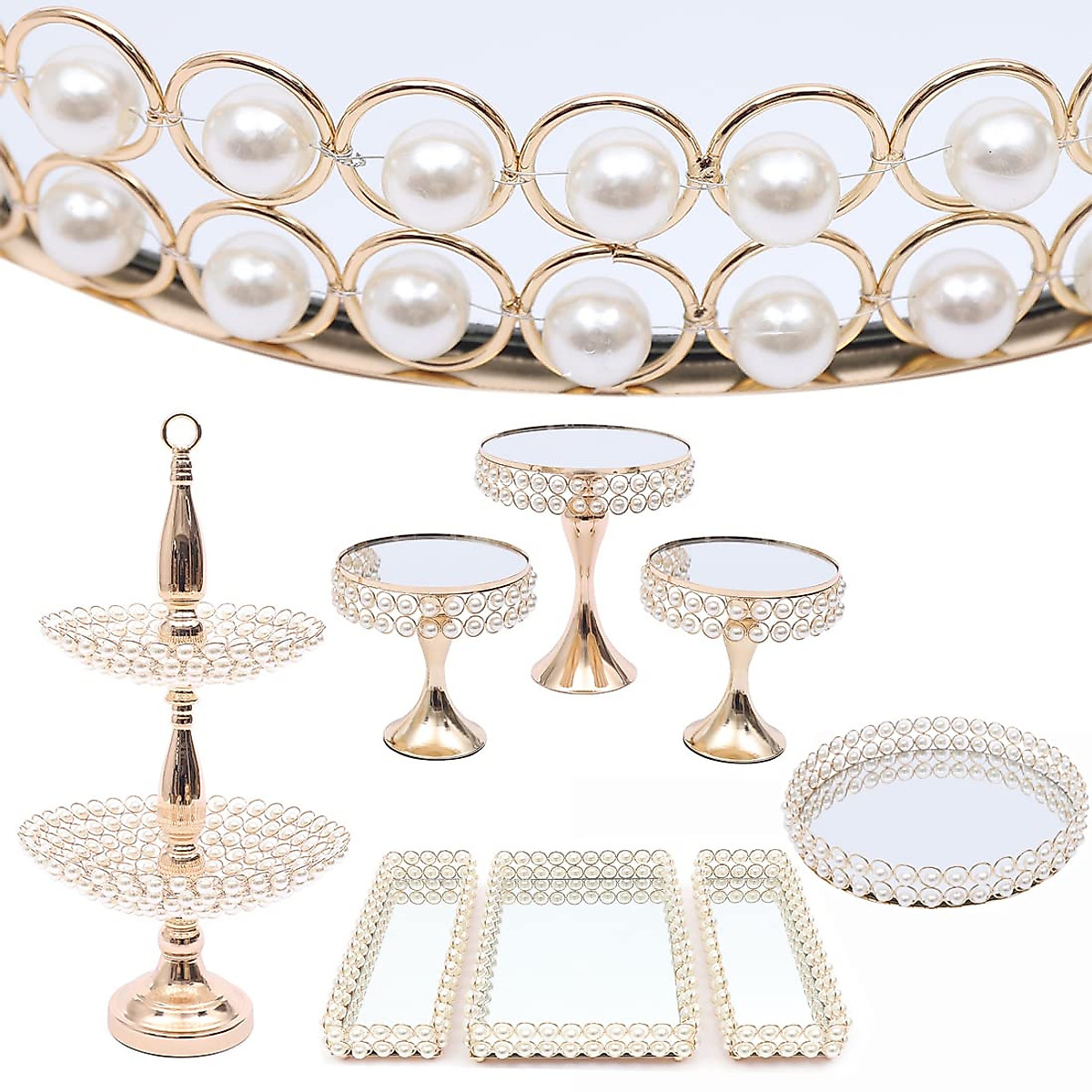 DNYSYSJ 8pcs Cake Stand Set Gold Wedding Cake Stands Cupcake Display for Dessert Table Party 2-Tire Gold Beaded Tower Stand Pastry Dessert Trays