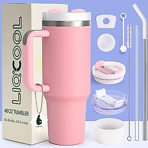 LiqCool 40 oz Tumbler with Handle 2 Straws and 2 Lids, Silicone Boot & Leak-proof Spill Stopper Set, Double Wall Vacuum Insulated Stainless Steel Tumbler Keep Cold 26H Cupholder Friendly(Pink)