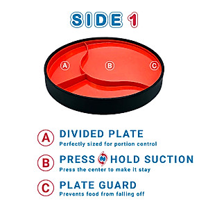 STAYnEAT Suction Plate, 2n1 Divided/Scoop Dish, Non-Slip Plate Guard, USA! Red (S)