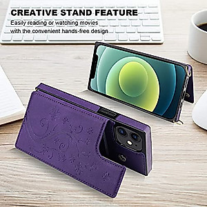KIHUWEY Compatible with iPhone 12 iPhone 12 Pro Crossbody Wallet Case with Card Slots, Embossed Pattern Wrist Strap Kickstand Shoulder Crossbody Cover Case 6.1 Inch (Purple)