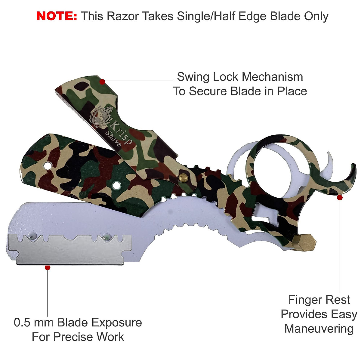 Krisp Beauty Professional Classic Straight Edge Barber Razor For Close Shave - Salon Quality Men's Beard Cut Throat Finger Razor Shavette With 10 Shaving Blades