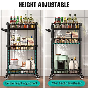 YASONIC 3 Tier Metal Rolling Cart, Kitchen Cart with Adjustable Shelves, Heavy Duty Utility Cart with Lockable Wheels, Multifunctional Rustproof Storage Cart, Bathroom Organizer Cart, Black