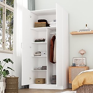 ECACAD Wardrobe Armoire with 5 Shelves, Hanging Rod & 2 Doors, Wooden Closet Storage Cabinet for Bedroom, White (31.5”W x 19.1”D x 70.9”H)
