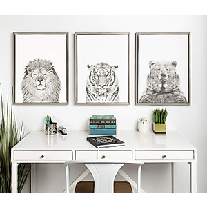 Kate and Laurel Sylvie Bear Animal Print Black and White Portrait Framed Canvas Wall Art by Simon Te Tai, 18x24 Gray