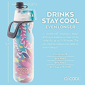 O2COOL Mist 'N Sip Misting Water Bottle 2-in-1 Mist And Sip Function With No Leak Pull Top Spout Sports Water Bottle Reusable Water Bottle - 20 oz (Tropical)