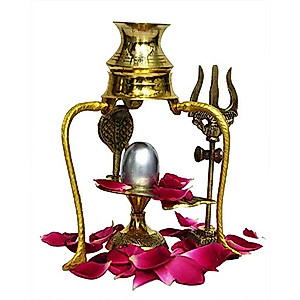 Parad Shaligram Shivling Set Shiva Ling Lingam Snake Hood Jalaheri, Trishul and Kalash with Brass Stand Pooja Shivlinga Stone Shivaji Home Decor Religious Spiritual Temple (Silver Mercury)