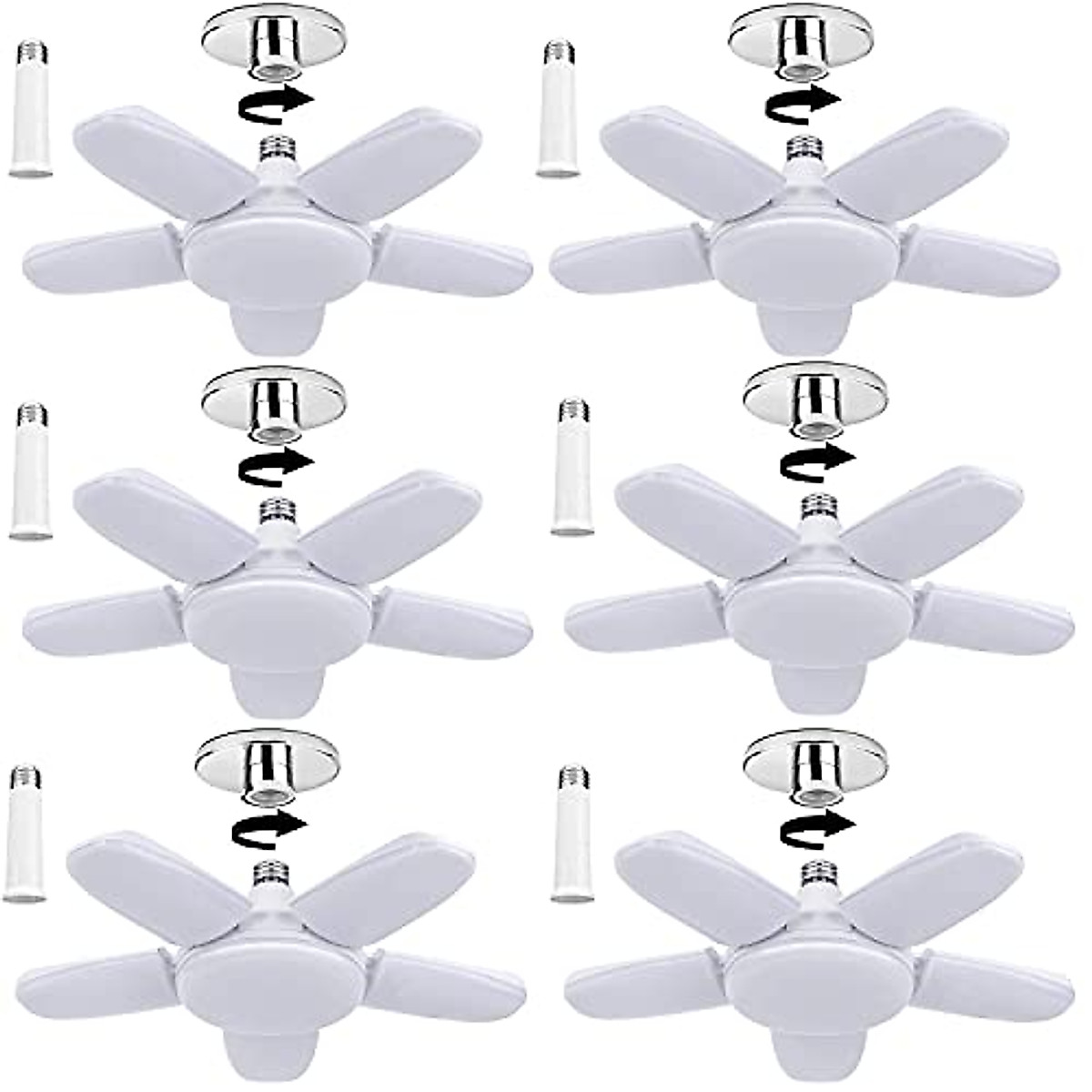 RGZZUP 6PACK LED Garage Lights,E26 100W Deformable Led Garage Ceiling Lighting 10000LM E26/E27 Daylight 6000K LED Ceiling Lights Adjustable Led Garage Light Extended Base for Garage,Warehouse