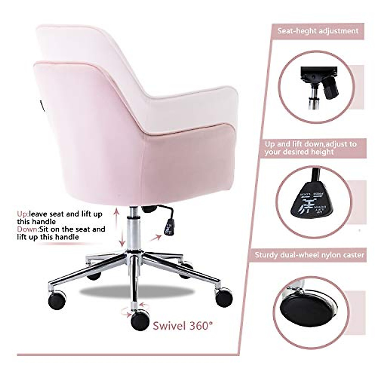 Altrobene Velvet Desk Chair, Ergonomic Computer Task Chair, Accent Reception Chair, 360 Degree Swivel, Height Adjustable, for Home Office/Study/Girls' Bedroom, Pink