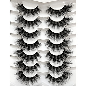 Pooplunch False Eyelashes Fluffy Mink Lashes Cat-Eye Look 18MM Wispy Long 8D Volume Fake Eyelash Strips 7 Pairs Pack